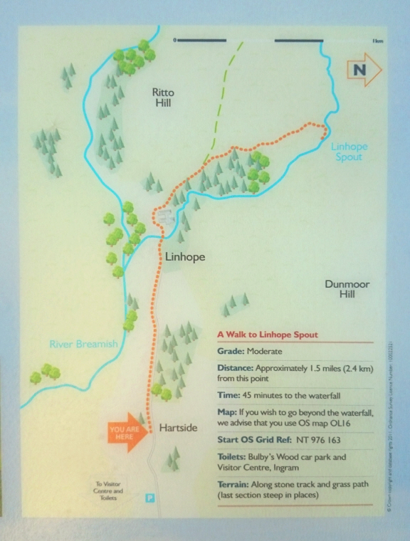 Map showing the Linhope Spout trail, Northumberland, UK