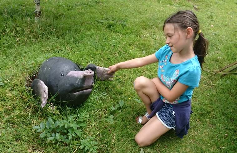 Kids of the Wild saying hello to a giant wooden mole in the grass ...